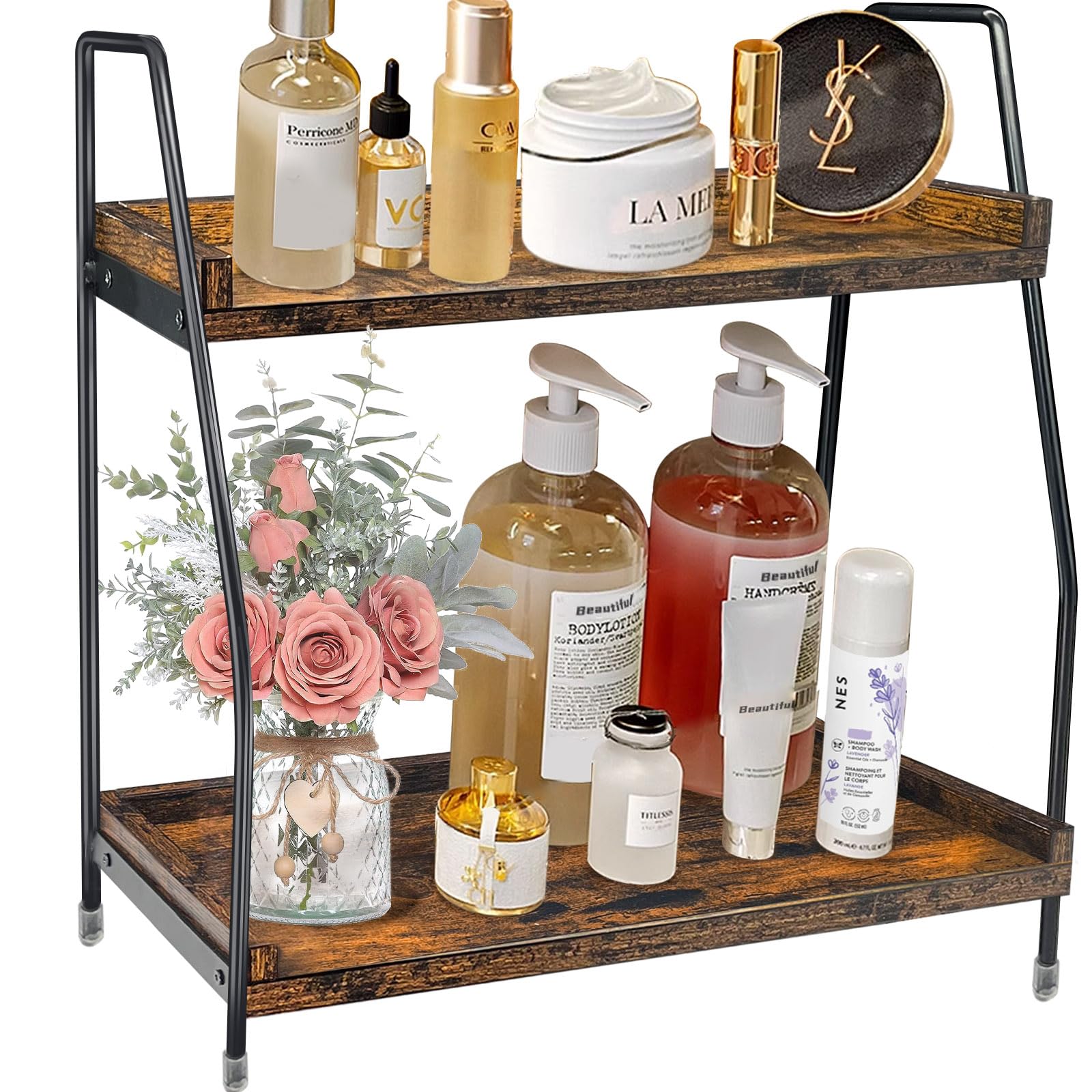 WOYAOHJK 2 Tier Bathroom Counter Organizer, Bathroom Shelf Organizer Countertop, Vanity Shelf Organizer, Wood Countertop Bathroom Storage and Organization for Kitchen. (Rustic Brown)