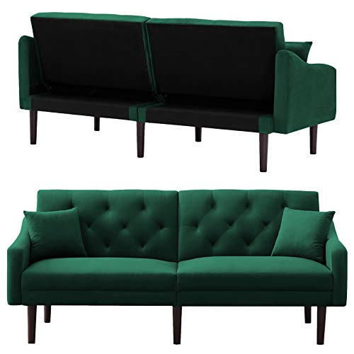 LoLado Futon Sofa Bed Convertible Sleeper Sofa Couch wit Armrests Modern Velvet Sofa Bed for Living Room Office Folding Recliner Futon Couch with Wood Legs (Green)
