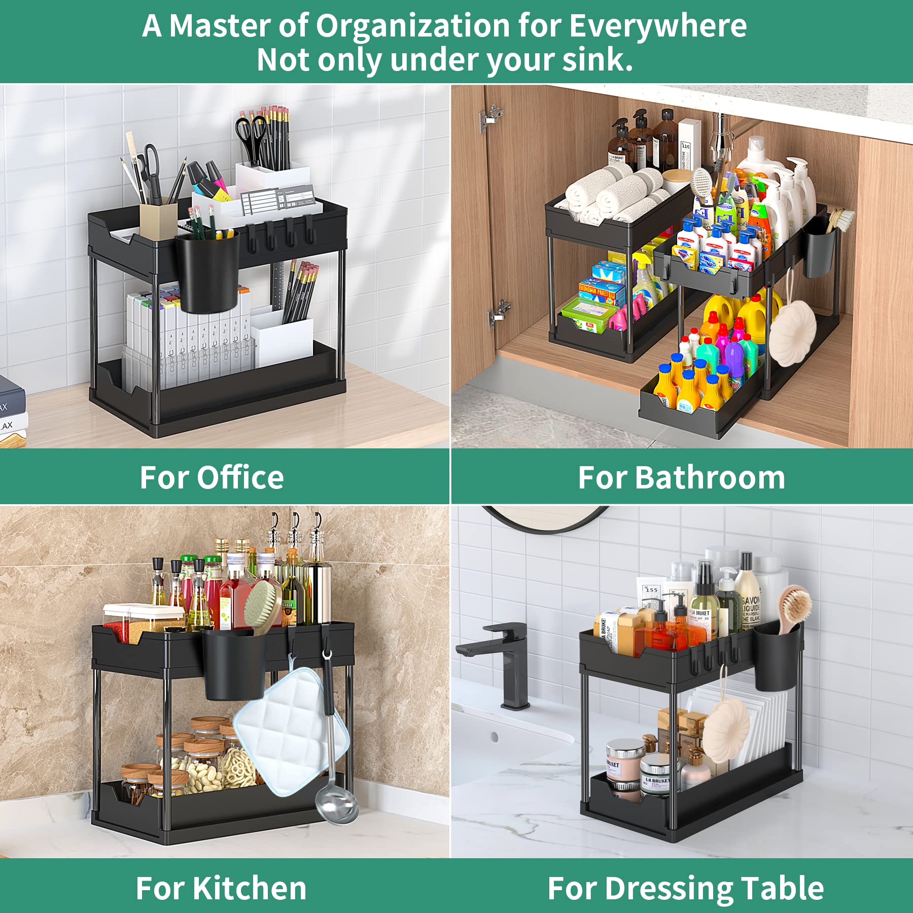 Omloon Under Sink Organizers and Storage,2 Tier Sliding Basket Bathroom Organizer, Under Cabinet Storage Rack with Hooks, Hanging Cup Multi-purpose Drawer Shelf for Bathroom Kitchen Countertop, Black