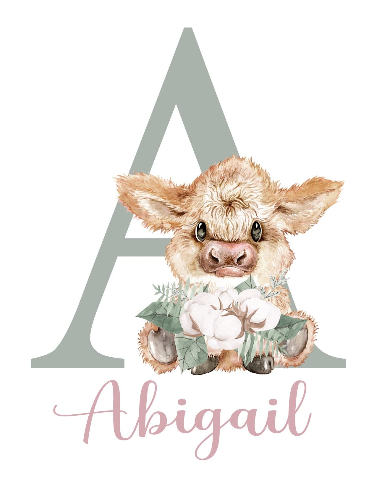 Personalized Watercolor Highland Cow Sage Green and Dusty Rose Rustic Cotton Farmhouse Baby Nursery Unframed Print