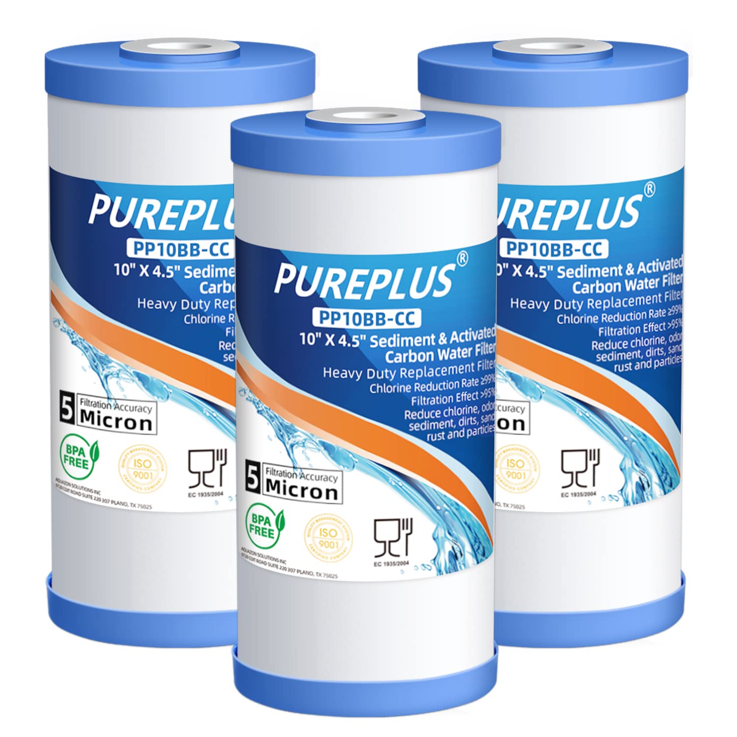 PUREPLUS 5 Micron 10" x 4.5" FXHTC Whole House Sediment and Carbon Water Filter Replacement Cartridge for GE GXWH40L, GXWH35F, GNWH38S, Culligan RFC-BBSA, WRC25HD, RFC-BB, PP10BB-CC, WFHD13001, 3Pack