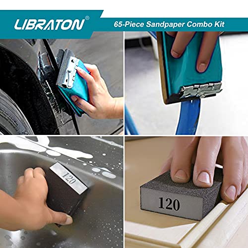 Sandpaper 65Pcs, Sand Paper, Sandpaper Assortment 80/120/400/600Grit, Assorted Sandpaper for Wood, Sanding Sponges, Sanding Handle, Heavy Grit Sandpaper Sheets for Wood, Metal, Wet and Dry Sanding