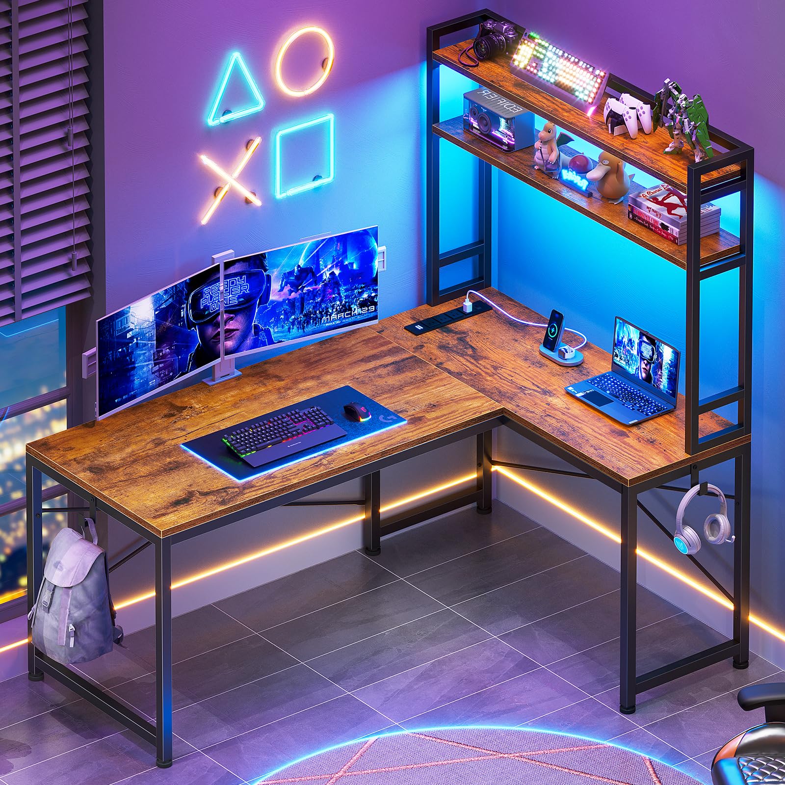 SEDETA L Shaped Desk with Hutch, 45.3β Reversible Home Office Desk, L Shaped Gaming Desk with LED Lights, Power Outlet, Storage Shelves and Hooks for Small Space, Rustic Brown