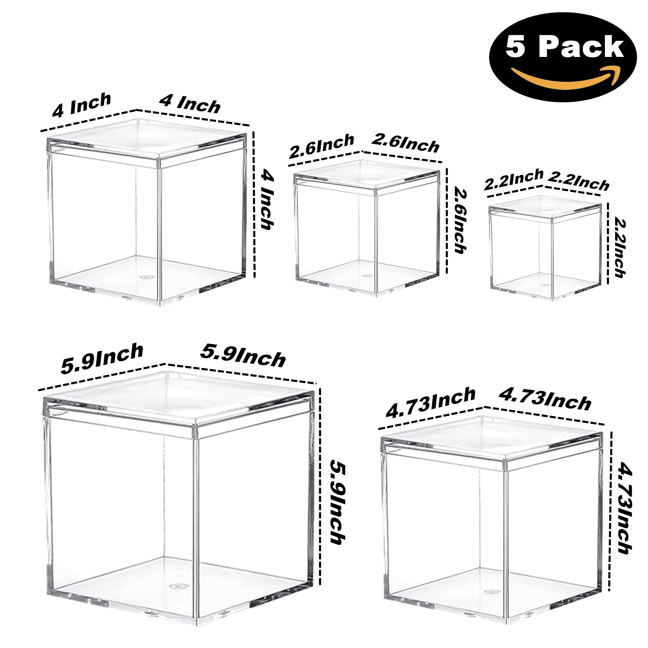 Set of 5 Crystal Clear Acrylic Cube Display Boxes Acrylic Stand Risers Transparent Square Cube Containers, Decorative Acrylic Storage Boxes with Lids for Collectibles,Wedding, Party, Treats, Jewelry