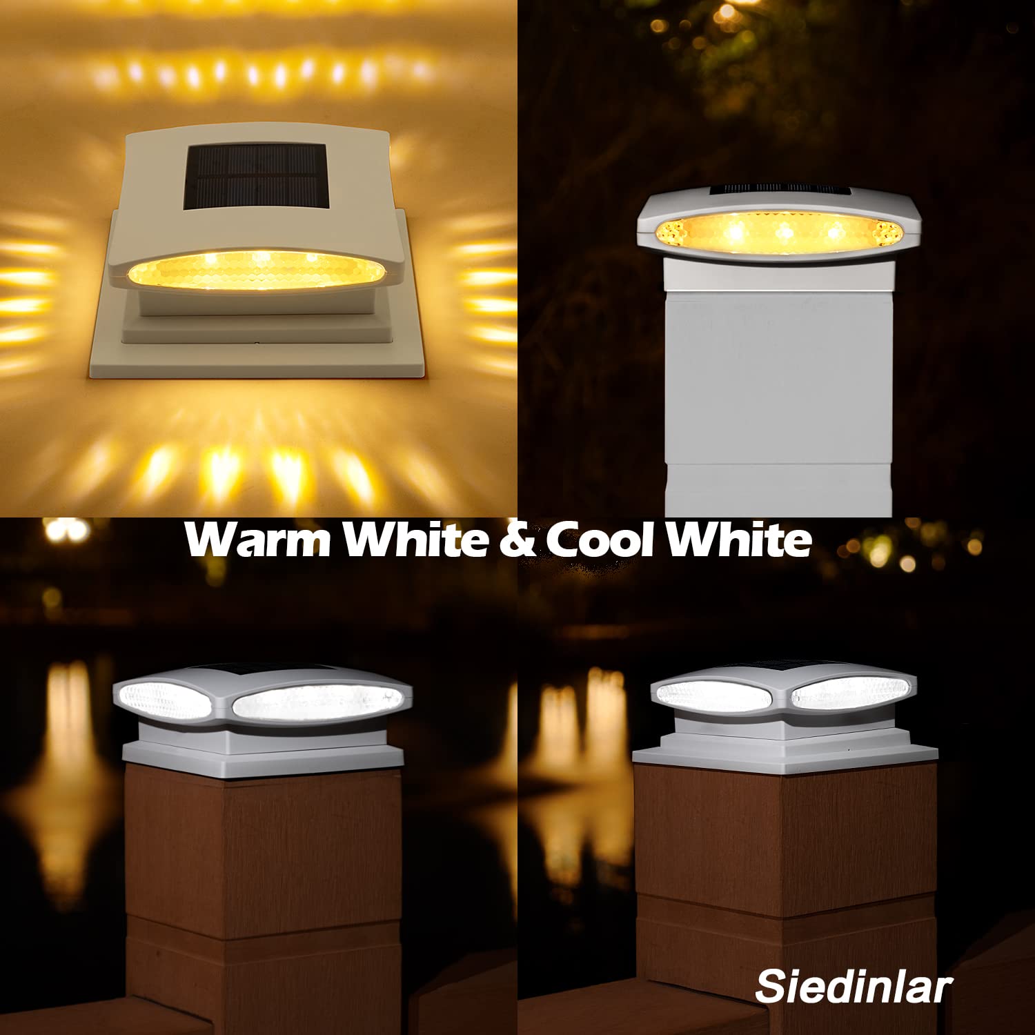 SIEDiNLAR Solar Post Cap Lights Outdoor, 2 Modes 24 LED Solar Powered Fence Deck Light for 4x4 5x5 6x6 Posts Garden Patio Decoration Warm White & Cool White, White (6 Pack)