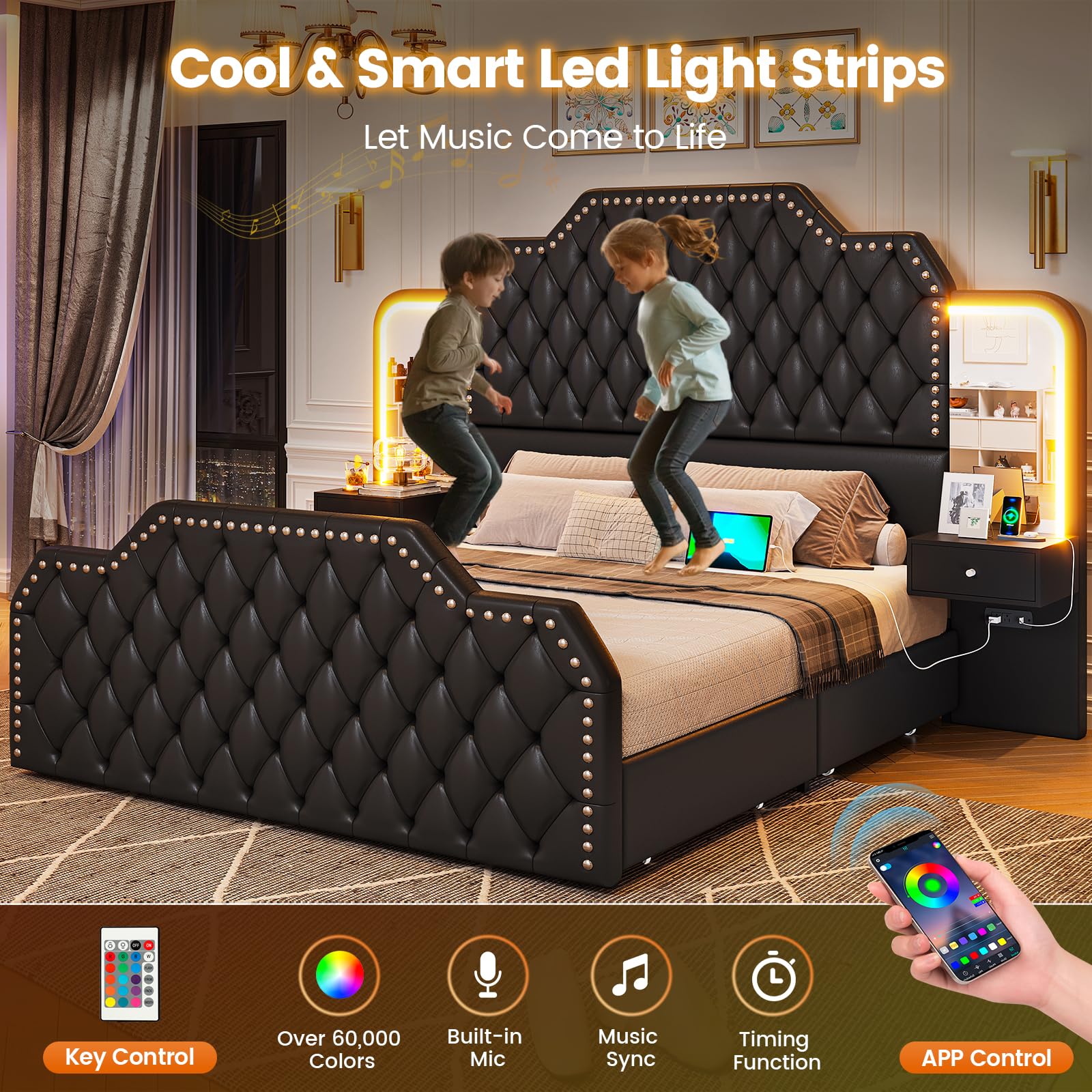 SEDETA Queen Size 53” Tall Platform Bed Frame with 4 Storage Drawers, PU Leather Upholstered Queen Bed Frame with Deep Button Tufted Headboard and Footboard, Built in Charging Station & LED, Black