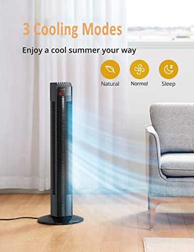 Tower Fan, Whole Room Wind Curve Oscillating Tower Fan with Remote Control, 3 Modes, 12H Timer, LED Display with Auto Screen Off, Low Noise Floor Bladeless Fan for Bedroom, Study or Office Use, black