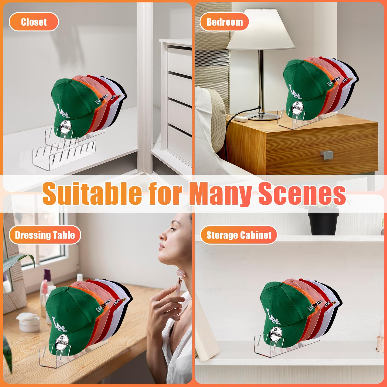 Sloworld Hat Stand for Baseball Caps, 2 Pcs No Install Acrylic Hat Organizer for 14 Baseball Caps, Hat Racks for Baseball Caps Display and Organizer for Bedroom, Closet, Dresser, Office (clear*2)