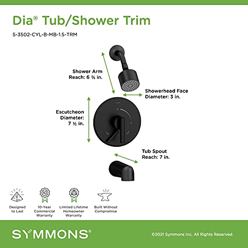 Symmons S-3502-CYL-B-MB-1.5-TRM Dia Single Handle 1-Spray Tub and Shower Faucet Trim with Brass Escutcheon in Matte Black - 1.5 GPM (Valve Not Included)