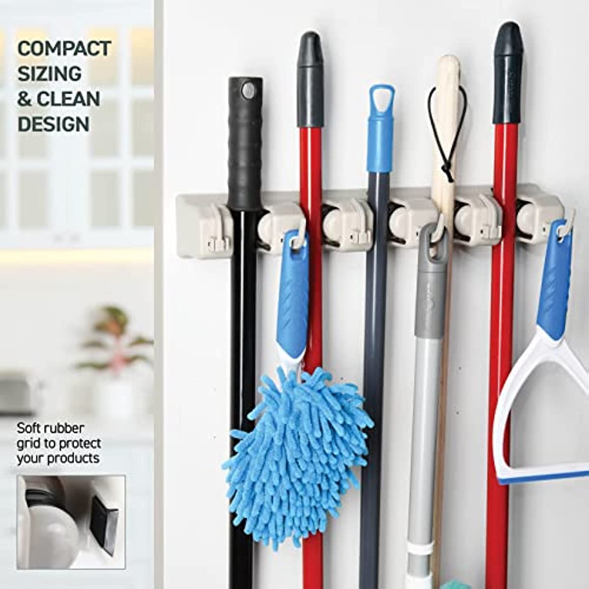 SHUPFA Broom Holder Wall Mount,Storage Rack,5 Position with 6 Hooks,Storage System Broom Organizer.