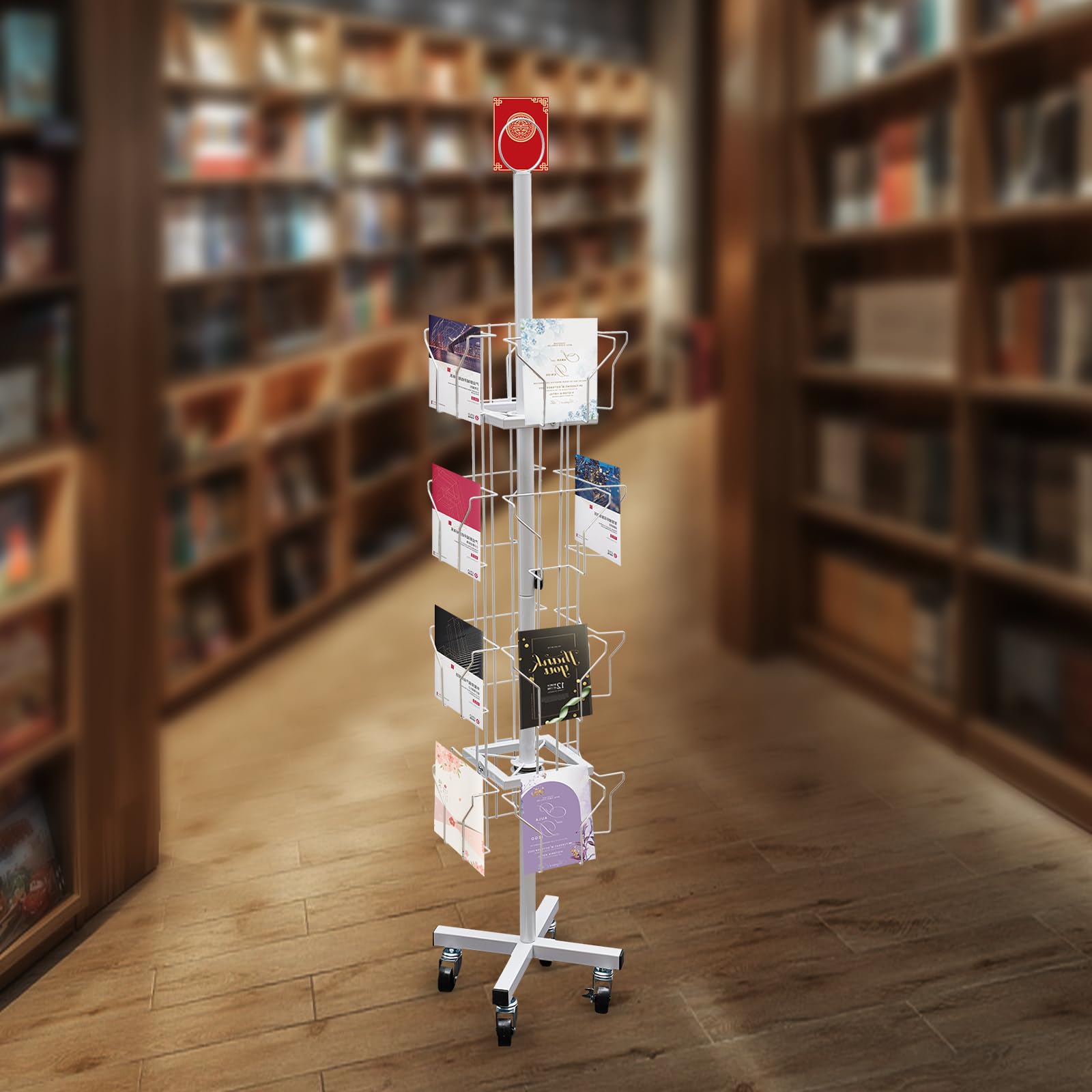 Rotating Greeting Card Display Rack, 4 Tiers Greeting Card Display Rack Christmas with 16 Pockets and 4 Wheels, Rotating Gift Card Display Rack for Vendors, Showcase, Retail, Tradeshow White