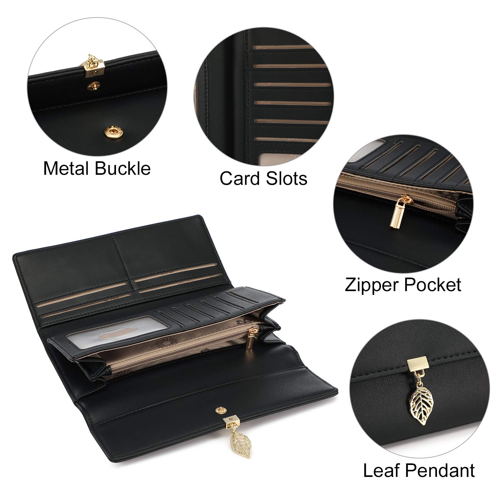 Loiral Womens Wallet RFID Long Trifold Wallet PU Vegan Leather Leaf Card Holder with Zipper Pocket