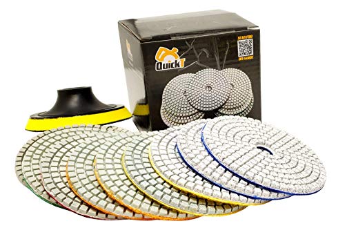 QuickT PPW701E Stone Concrete Marble Quartz Granite 4 Inch Diamond Wet Sanding Polishing Polisher Pads Kit Tools for Wet Grinder Polisher, Includes Countertop Polish DIY Guide & Video