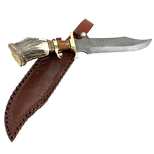 HUNT-DOWN 17" Damascus Steel Real Stag Horn Handle Hunting Knife Hand Made With Leather Sheath