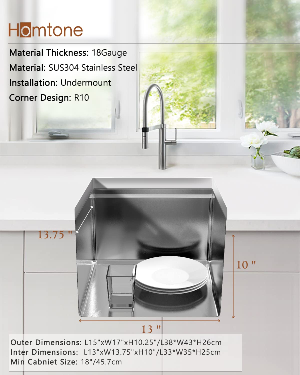 Homtone 27 Inch Kitchen Sink Undermount, Stainless Steel 10" Deep Single Bowl Sink, Workstation Sink Combo with Accessories