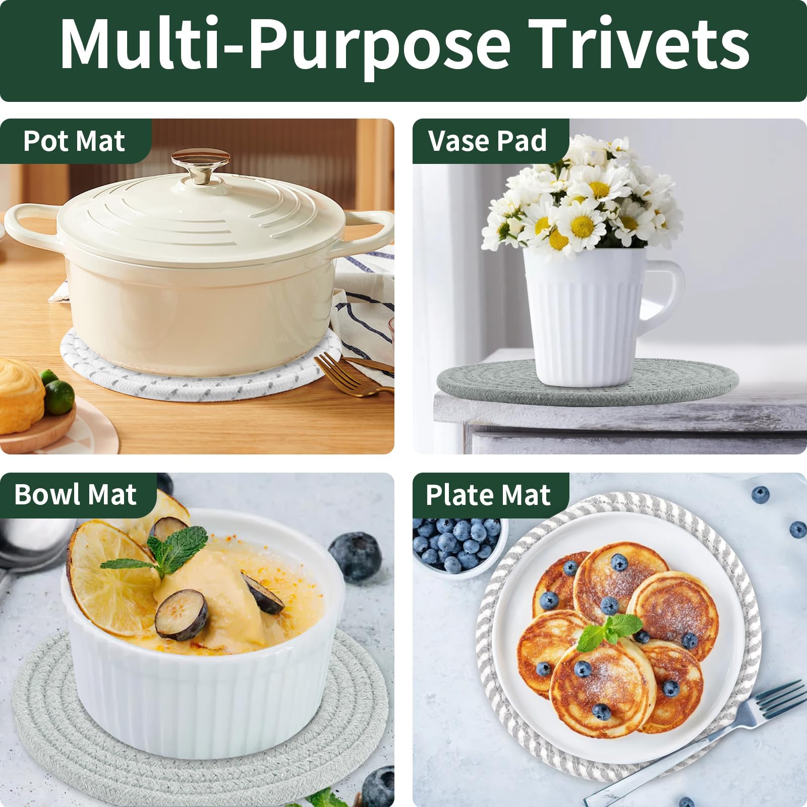 Trivets for Hot Dishes, 7 Inch Trivets for Hot Pots and Pans, 4 Pack Hot Pots and Pans Pad, Pot Holders for Cooking and Baking, Potholders Set Kitchen Essentials for New Home