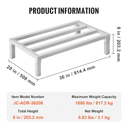 VEVOR Aluminum Dunnage Rack, 36β x 20β Commercial Food Floor Rack, 8β Off The Floor, 1800 lbs Capacity All-Welded Aluminum Storage Rack, for Storage in Restaurants, Kitchens, Garages and Vehicles
