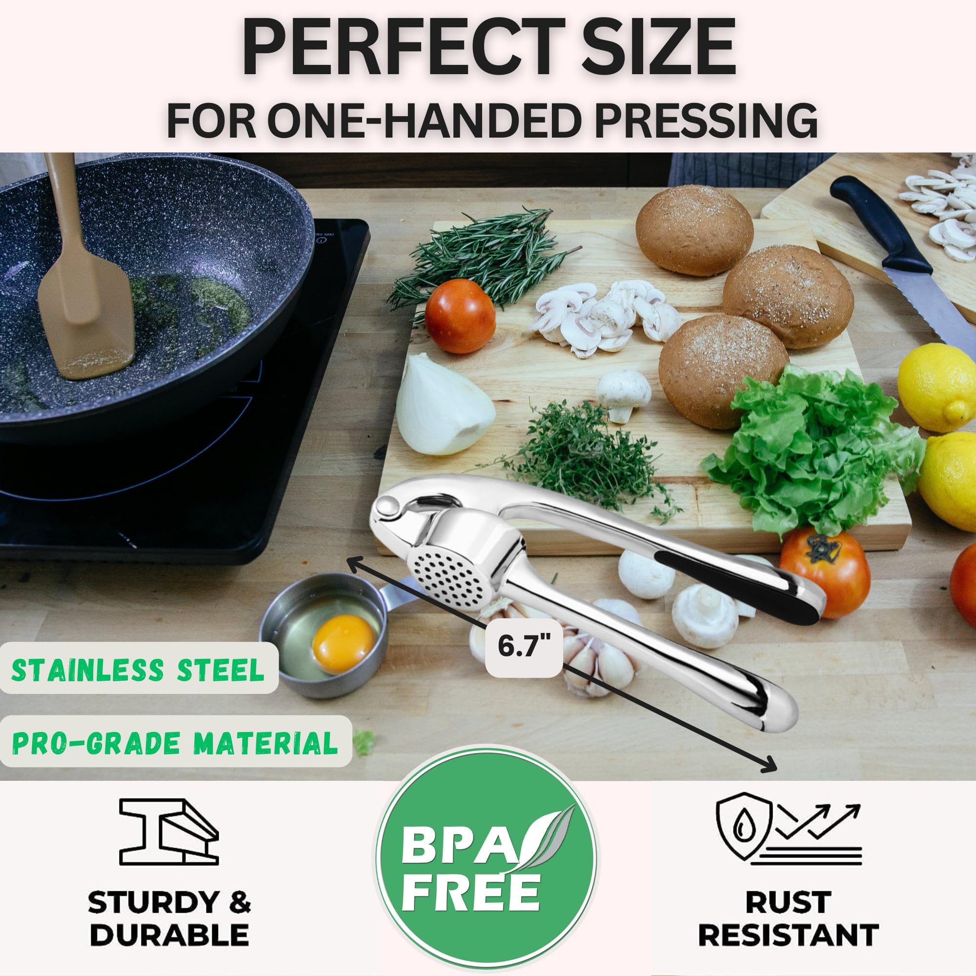 Premium Garlic Press Set - Easy to Squeeze Ergonomic Handle Garlic Crusher - Rust Proof & Dishwasher Safe Garlic Mincer Tool, Garlic Press Stainless Steel, Garlic Peeler & Brush (Chrome Silver)