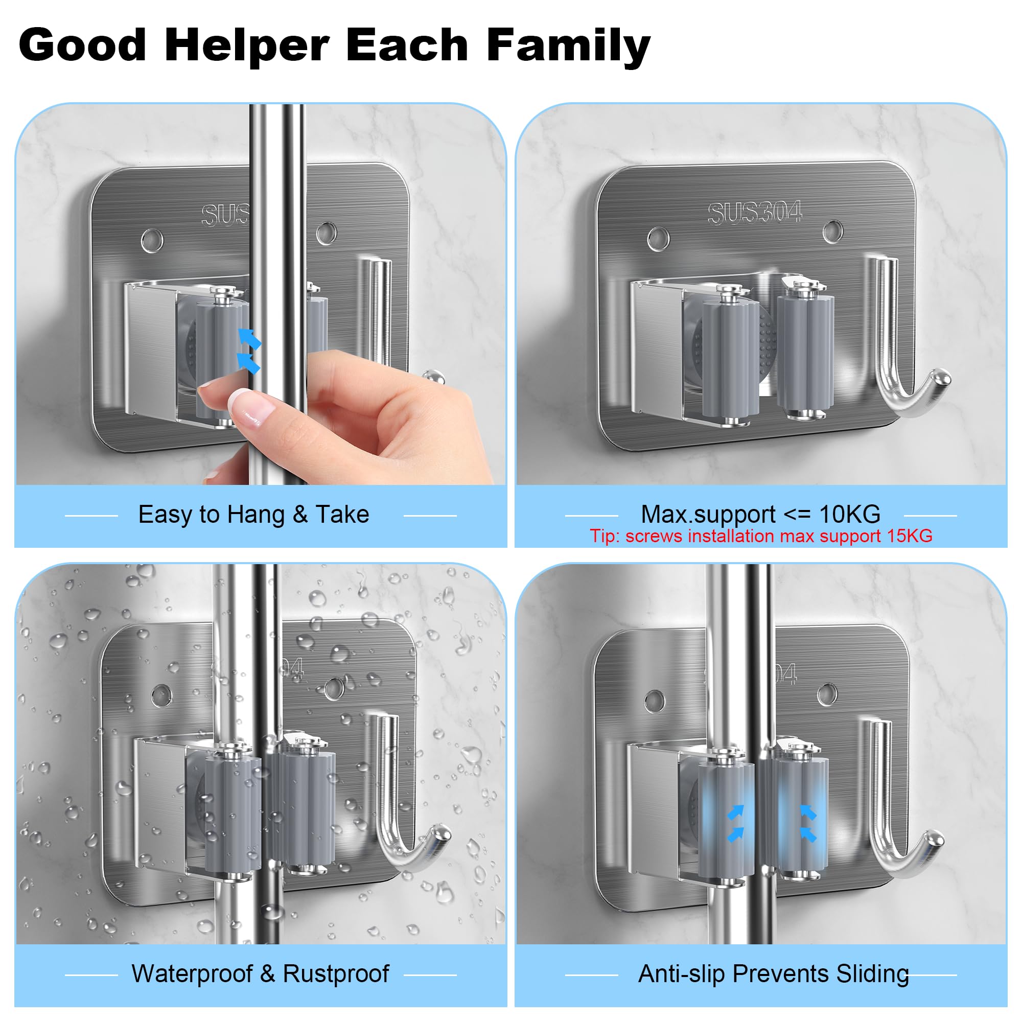 XCIXCI 4 Pack Stainless Steel Mop and Broom Gripper with Hook, Screw Drilling or Self Adhesive Mop and Broom Holder Wall Mount, Storage Rack for Closet Laundry Garage Garden Tool Organizer, Silver…