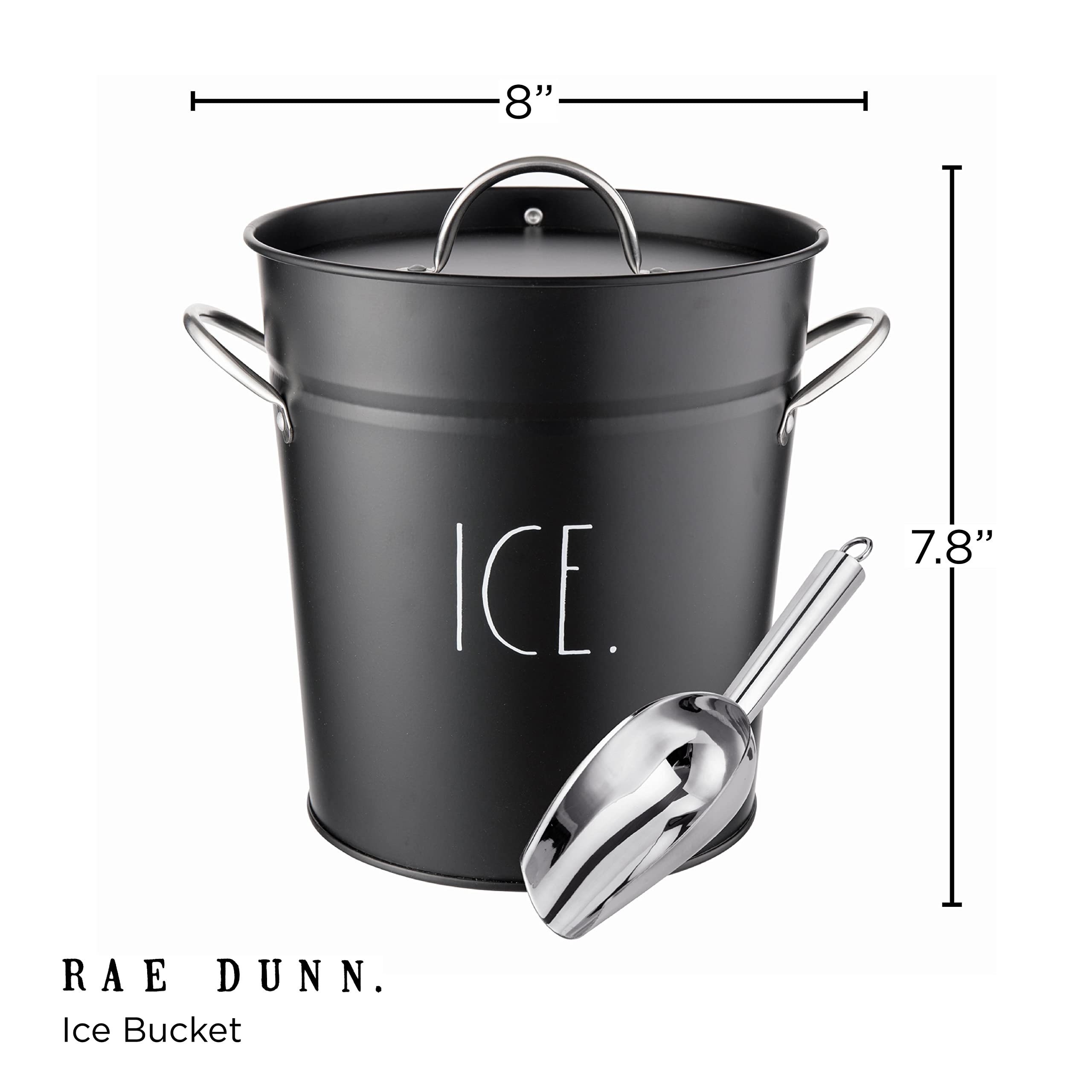 Rae Dunn Ice Bucket with Scoop - Stainless Steel Bucket with Handle, Lid and Ice Scooper - 4 Qt. Storage Bin for Ice Cubes for Bars, Parties, Backyard Barbeques, Picnics, and Camping (White)