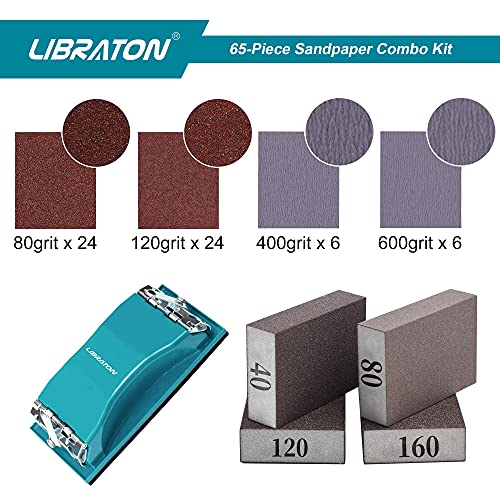 Sandpaper 65Pcs, Sand Paper, Sandpaper Assortment 80/120/400/600Grit, Assorted Sandpaper for Wood, Sanding Sponges, Sanding Handle, Heavy Grit Sandpaper Sheets for Wood, Metal, Wet and Dry Sanding