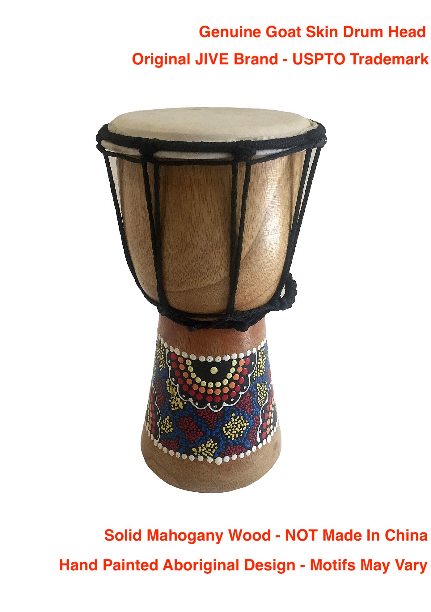 JIVE Djembe Drum African Bongo Congo Hand Drum Damaru For Kids Adults Aboriginal Dot/Carved Design Goat Skin SOLID Wood - (6" High - Painted/Carved) - NOT MADE IN CHINA