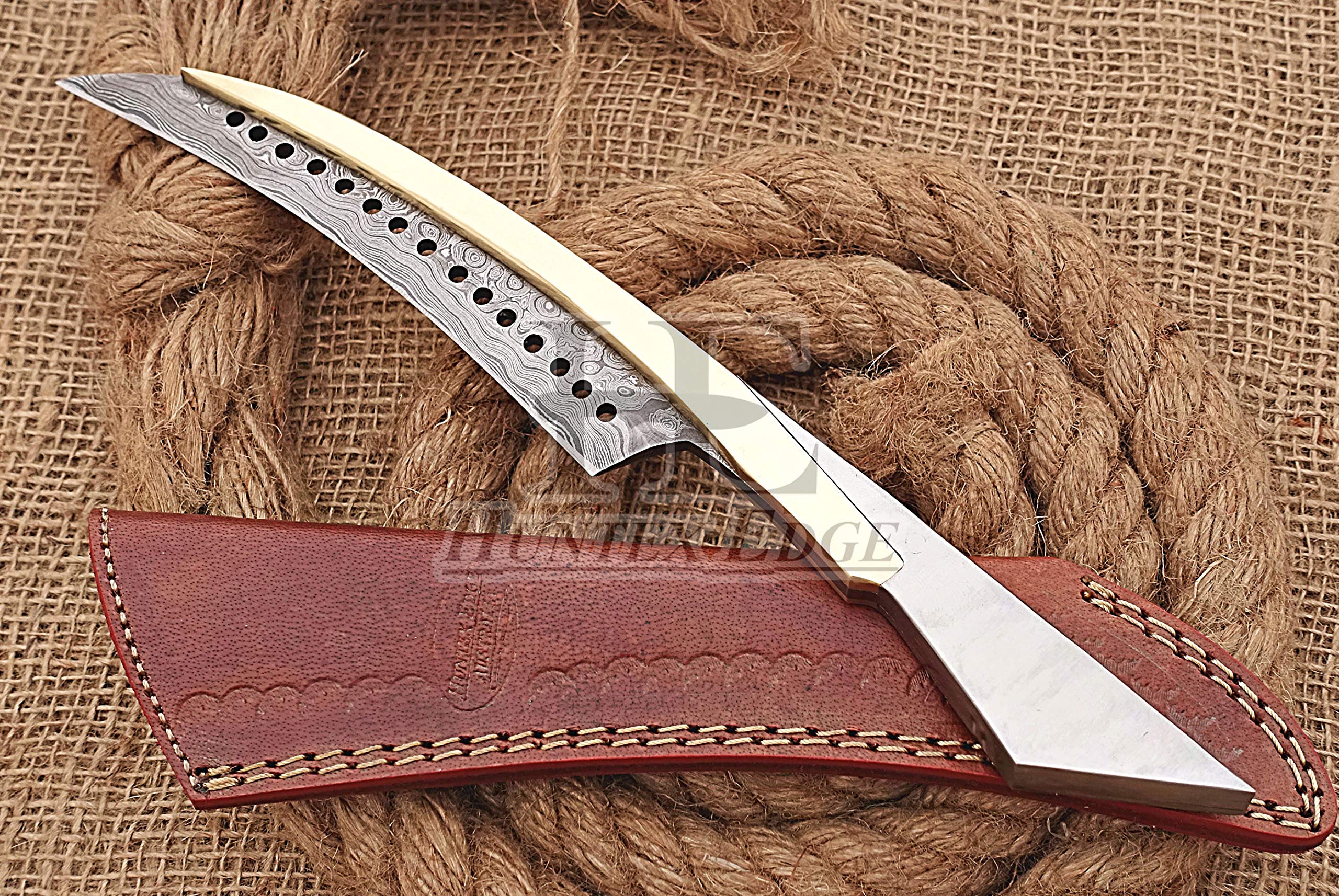 HUNTEX Custom Handmade Hand-Forged Rain Drop Pattern Damascus Steel 11 Inch Long Full Tang Steel-Brass Handle Razor Sharp Hunting Camping Hawkbill Knife w/Genuine Leather Pouch