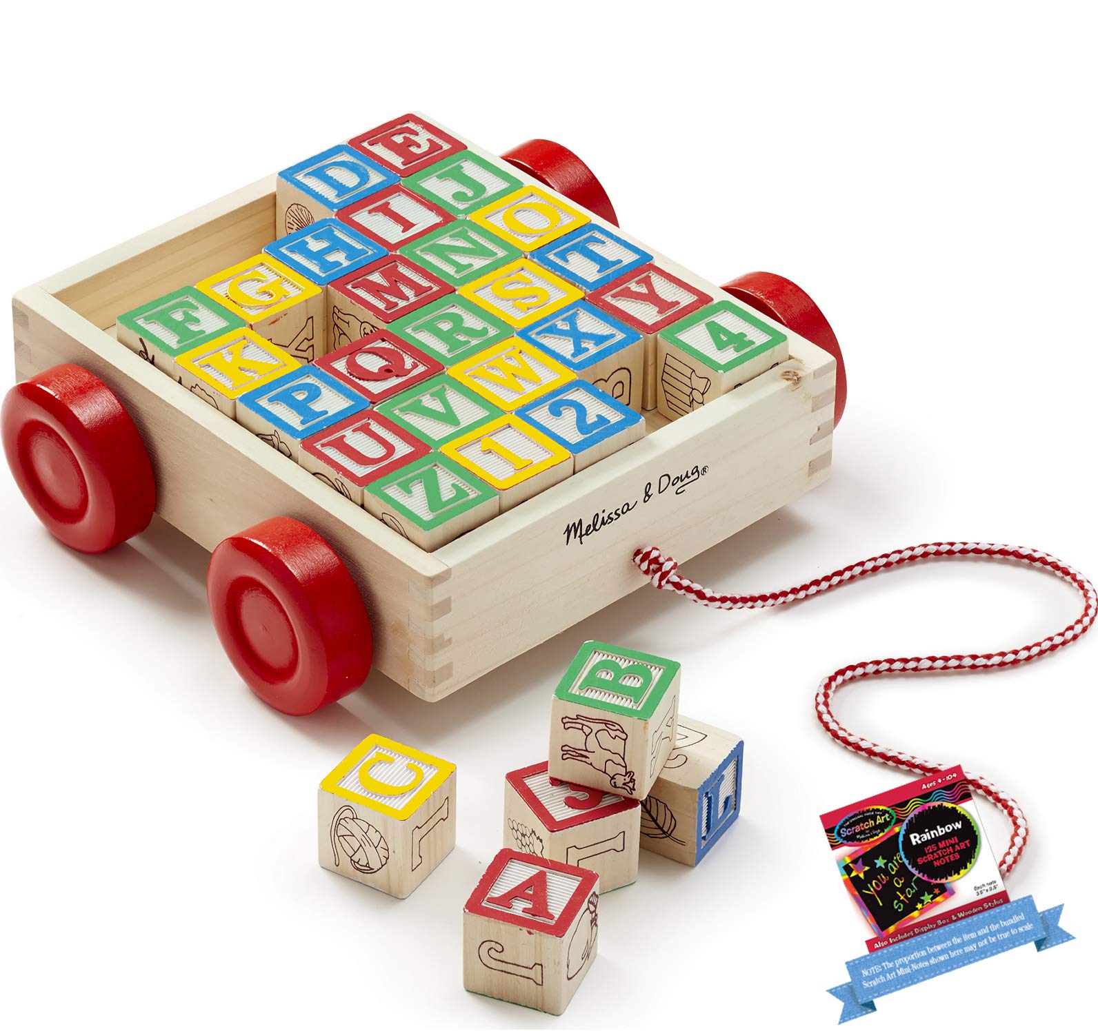 Melissa & Doug Classic ABC: 30-Piece Wooden Block Cart Bundle with 1 Theme Compatible M&D Scratch Fun Mini-Pad (01169)