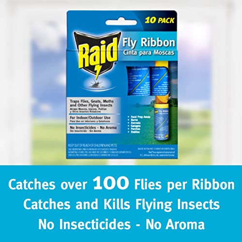 Raid Fly Ribbon, Fly Traps for Indoors and Outdoors, Bug Trap for Flying Insects, Pack of 10