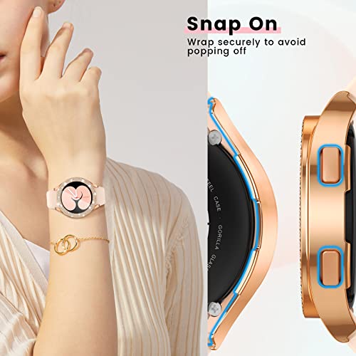Tensea [2+2Pack] for Samsung Galaxy Watch 4 Screen Protector and Case 40mm, Bling Cover Tempered Glass Protective Film and Hard PC Bumper Diamond Crystal Frame for Women Girls (40mm, Clear-Rose Gold)