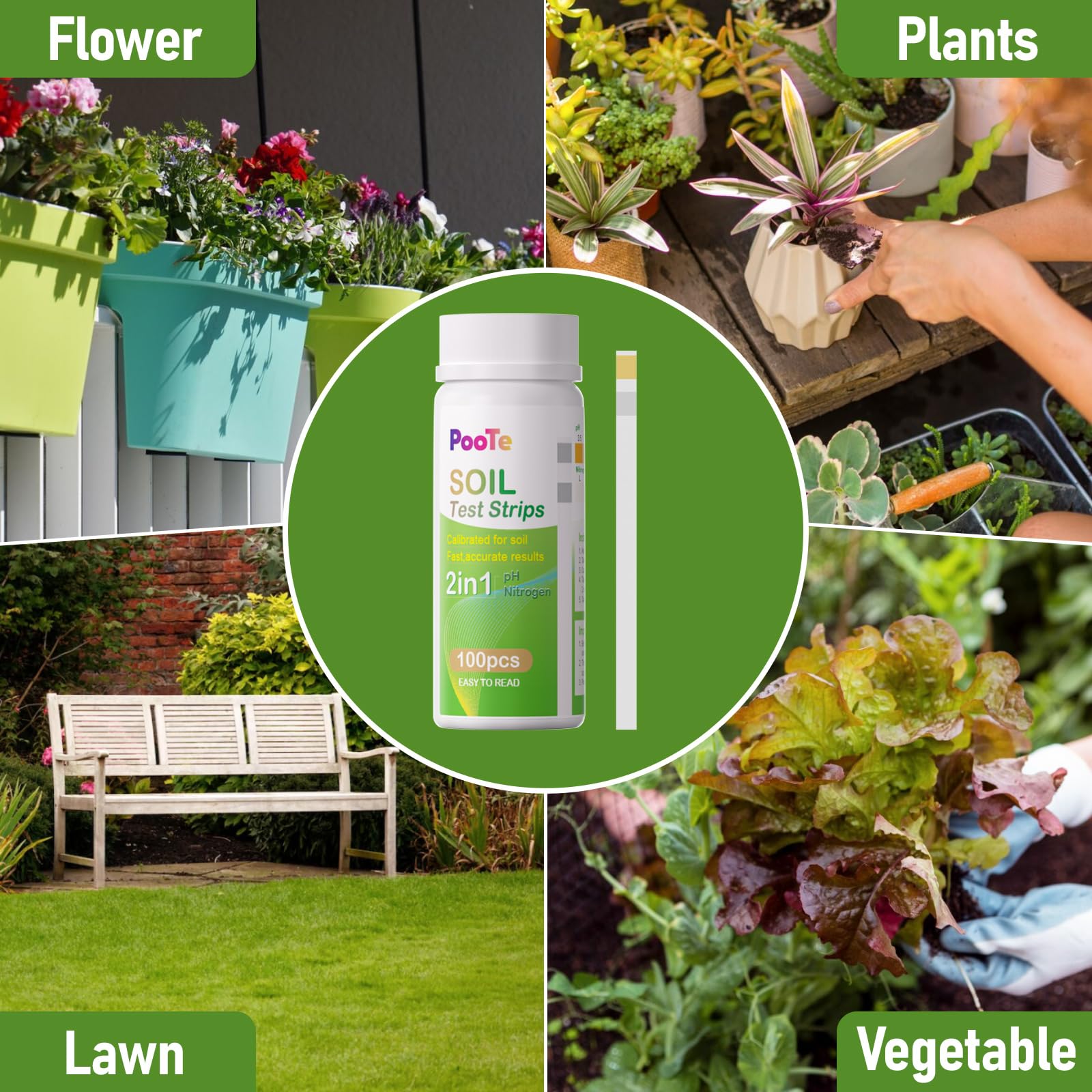 PooTe Soil pH Test Kit - 100 Strips 2-in-1 Soil Testing Kit (3.5-9 Range) with Plastic Tube - Professional Tester Soil Nitrogen & pH for Garden Home Lawn Grass Yard, Green