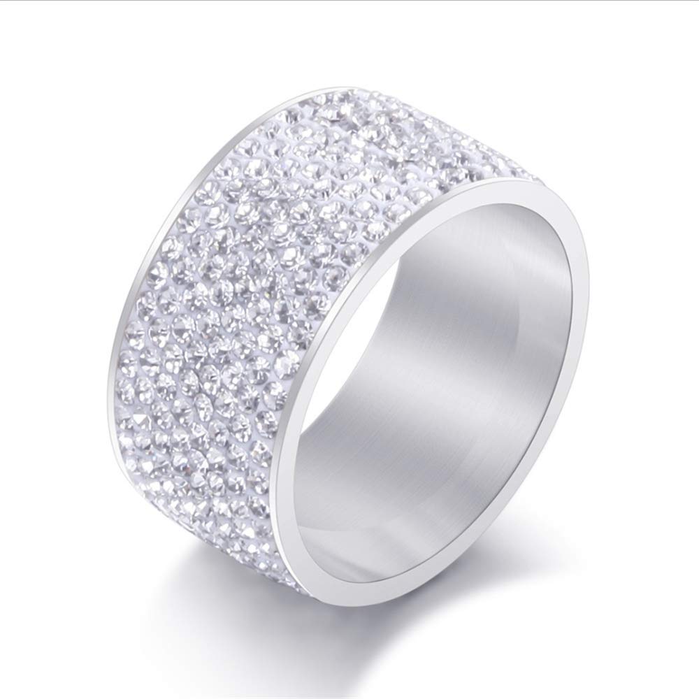 IFUAQZ Stainless Steel Gorgeous Silver 8 Rows Lines Cz Cubic Zirconia Clear Crystal Eternal Wedding Band Ring 12mm, Silver White Size 7