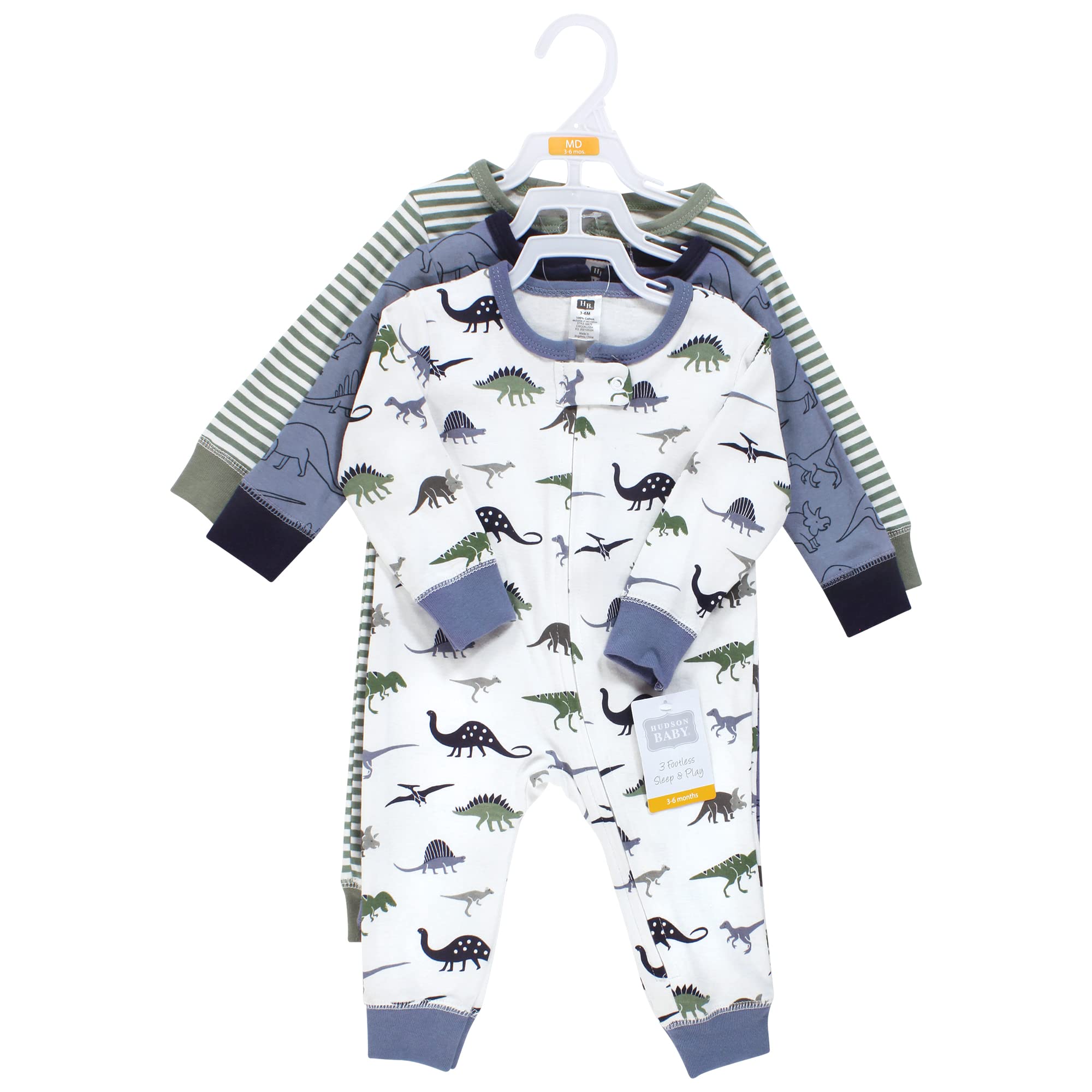 Hudson Baby Unisex Baby Cotton Sleep and Play, Blue Green Dino, 6-9 Months