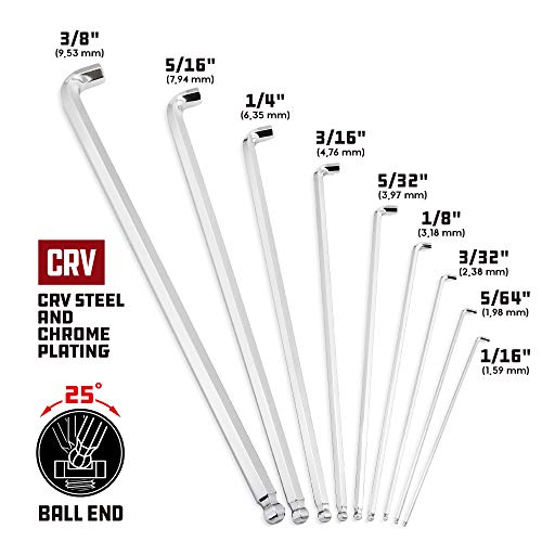 Powerbuilt 9 Piece SAE Stubby End, Extra Long Arm Ball End Hex Key Wrench Set, L-Wrenches for Tight Places, Storage - Blue 240099