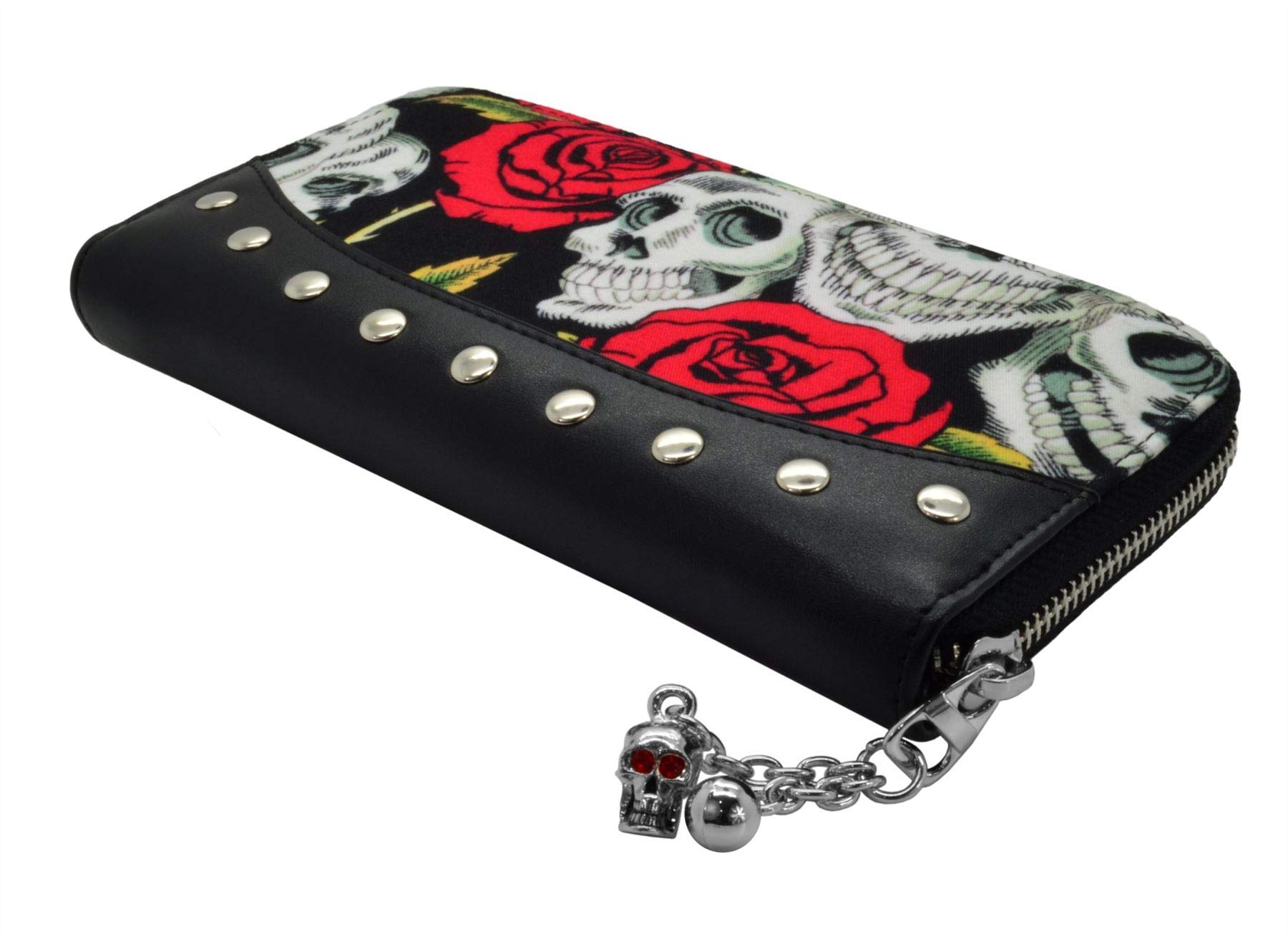 Lost Queen Skulls & Roses Women's Black Wallet Faux Leather Zip Around
