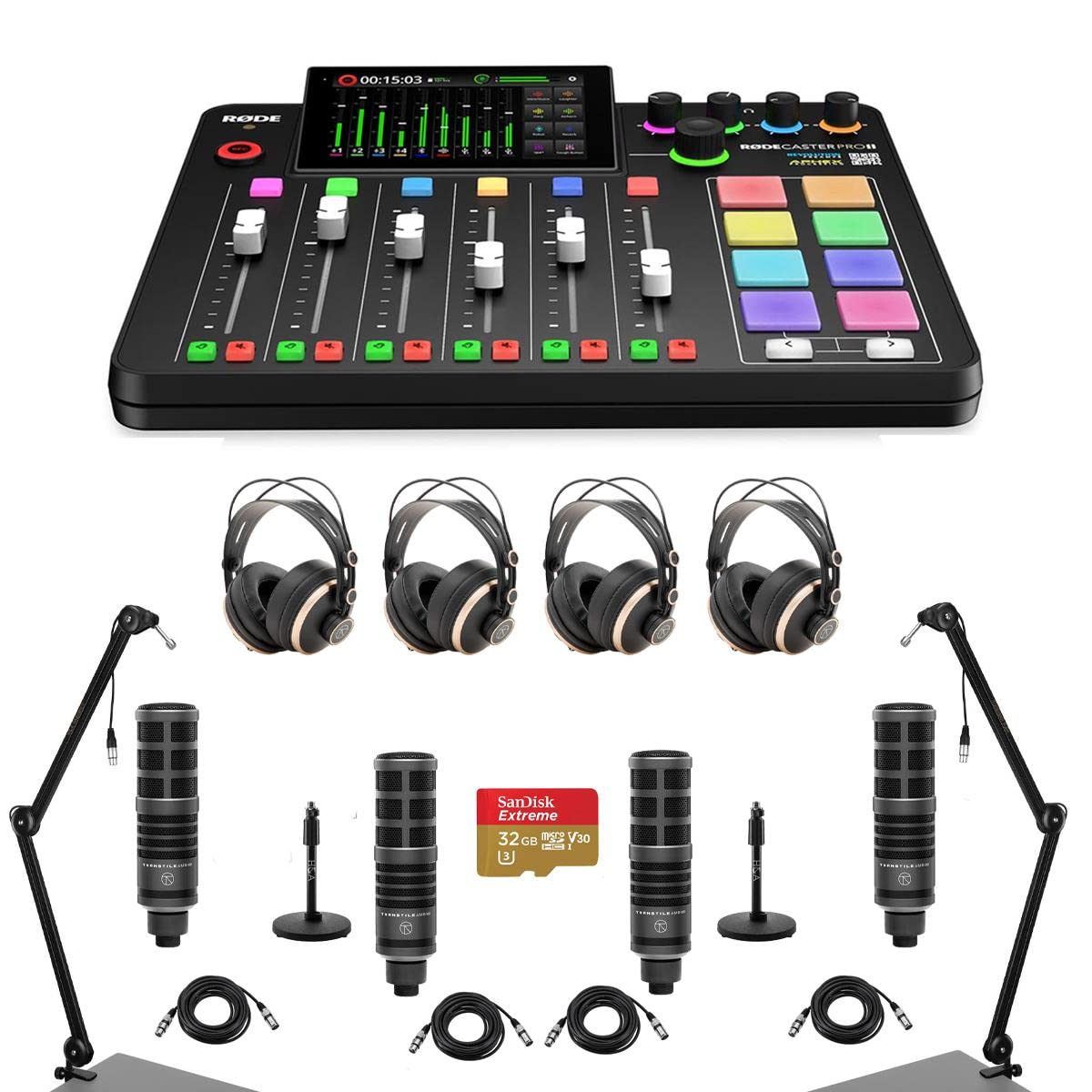 Rode RODECaster Pro II Integrated Audio Production Studio Console Bundle with 4x Cardioid Dynamic Broadcast Microphone, 4x Headphones, 2x Broadcast Arm, 2x Mic Stand, 4x Cable, 32GB Memory Card