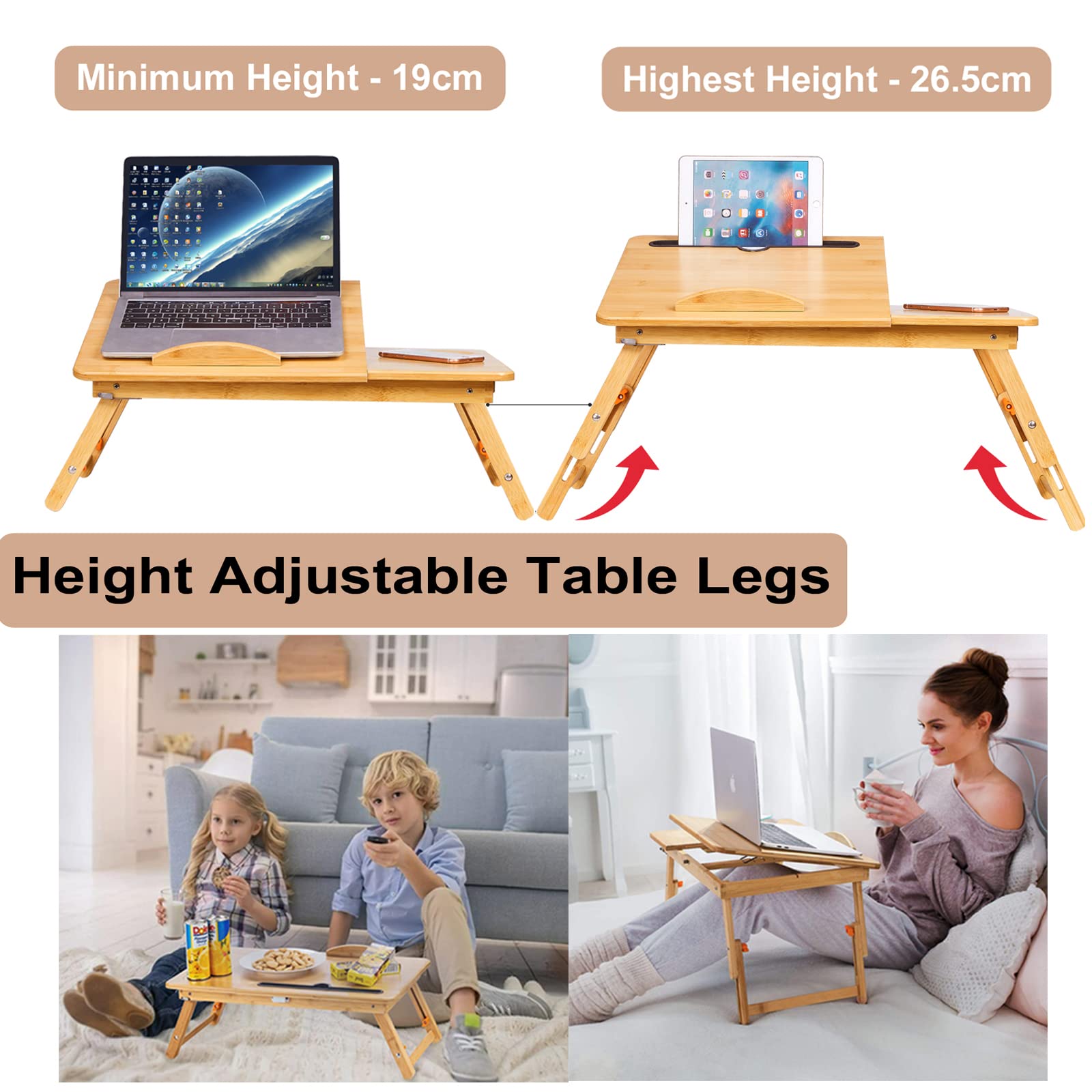 Lap Desk, DELAM Foldable Bamboo Laptop Bed Desk, Adjustable Height Breakfast Serving Bed Tray Table with Tilting Top Storage Drawer for Work Office Bedroom Reading Writing Eating