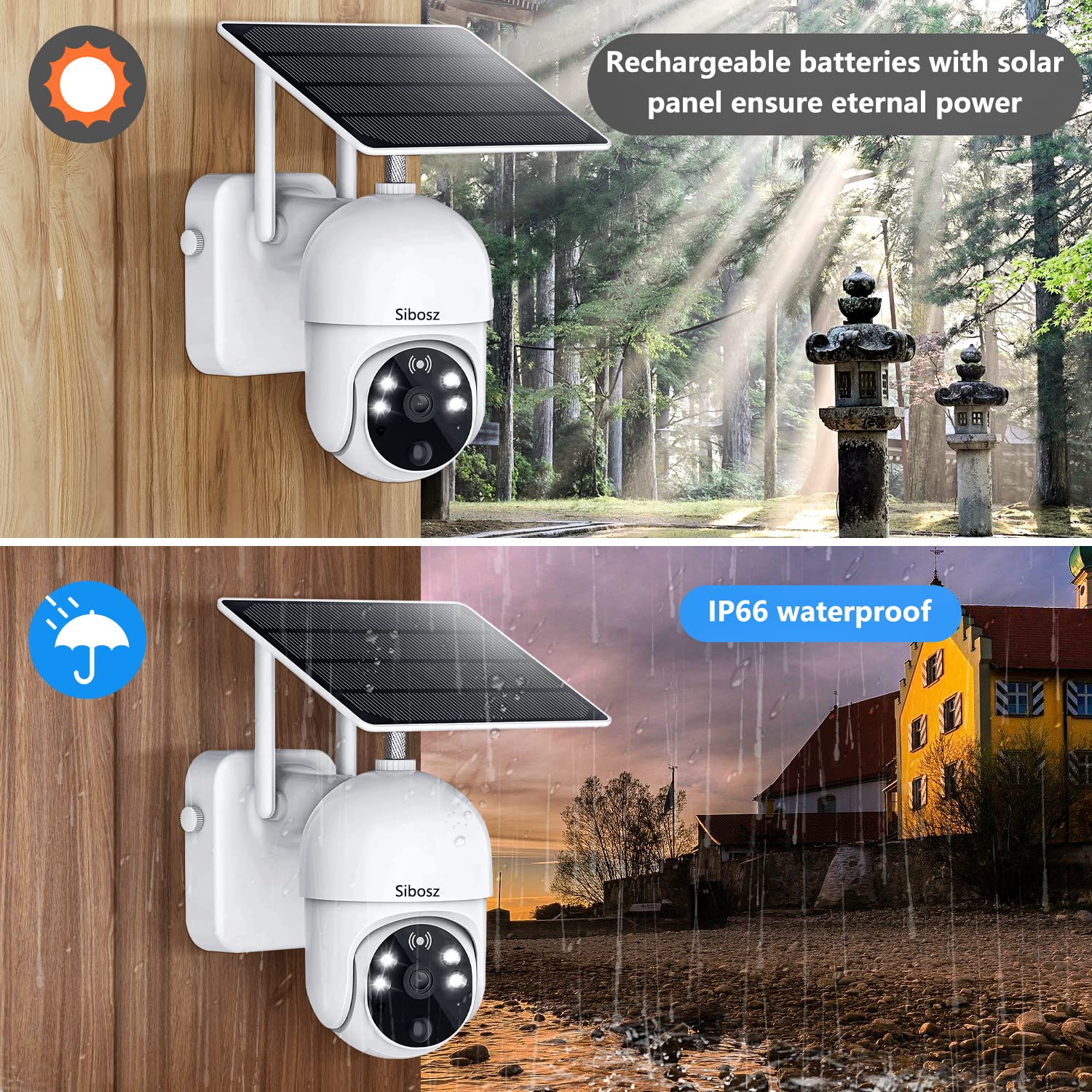 Sibosz Wireless Security Cameras, Solar Powered Surveillance PTZ Camera Outdoor 2.4GHz WiFi with 1080p HD 360° View Two-Way Audio PIR Motion Detection Night Vision SD Card/Cloud Storage
