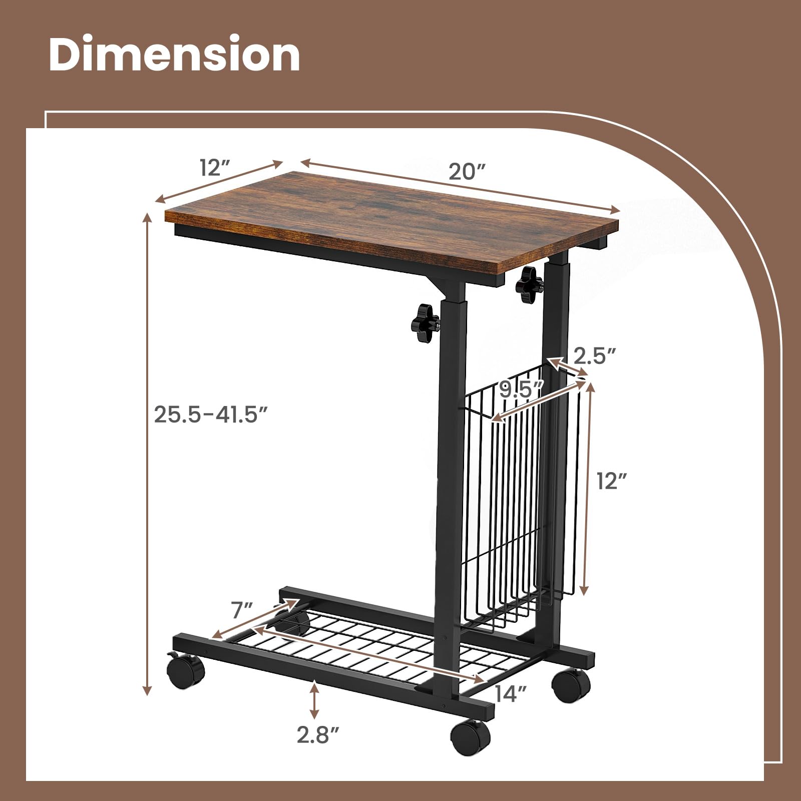 Tangkula Rolling Height Adjustable C Table, Mobile End Table with Detachable Wheels, Side Basket and Bottom Mesh Storage, Space-Saving Slide Under Sofa Table for Living Room Bedroom