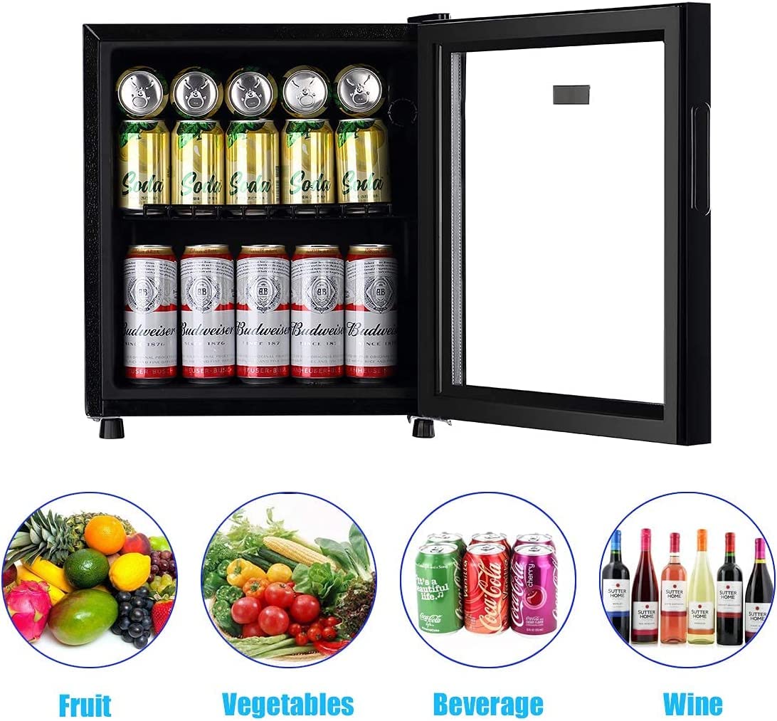 Mini Fridge Glass Door 60 Cans Beverage Cooler Refrigerator Mini Beer Fridge 1.6 cu.ft Organizer for Drinks Soda Wine Small Refrigerator with Blue LED for Home Office Dorm