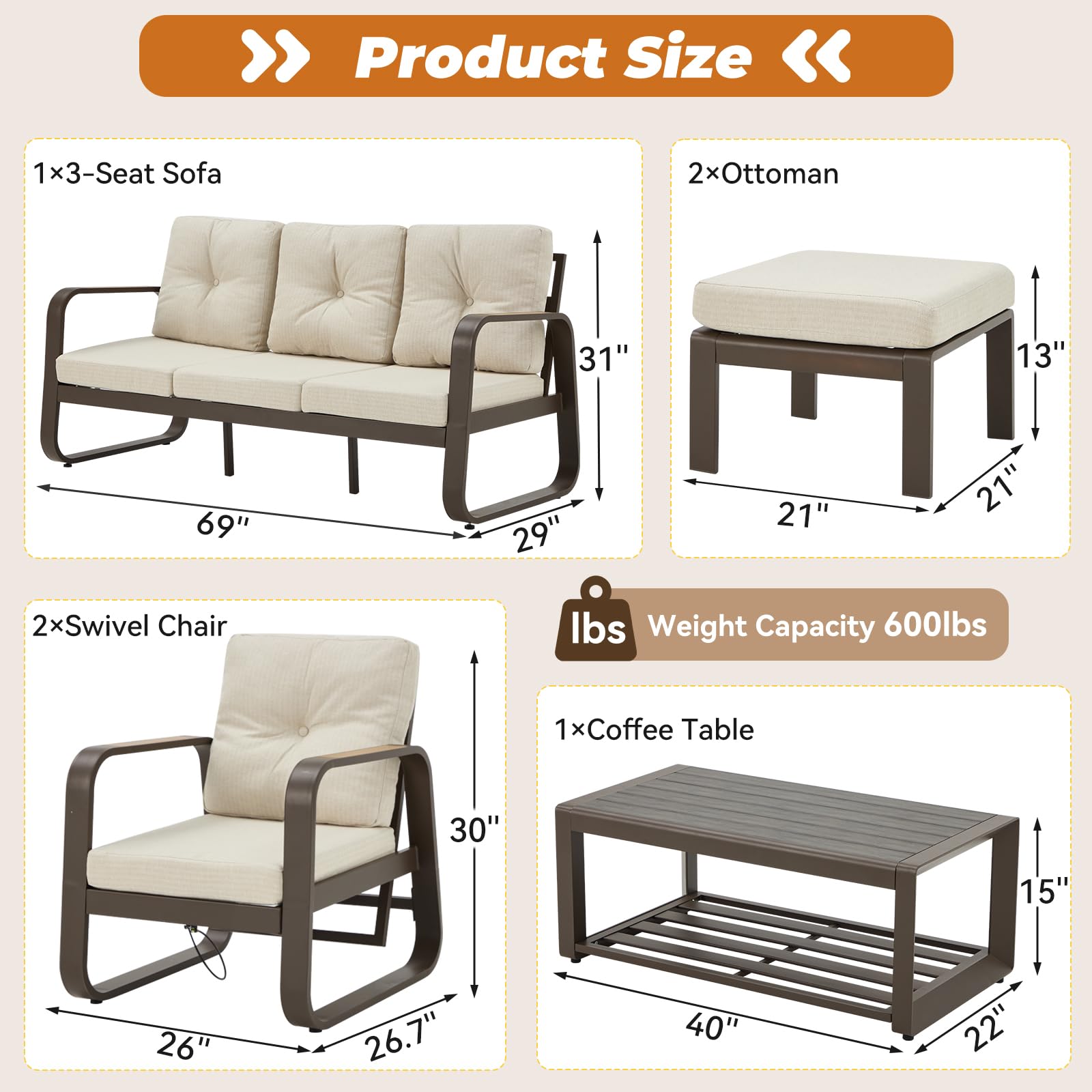Suvivityse 6 Pcs Aluminum Patio Furniture Set with Coffee Table Outdoor Conversation Sofa Set Include Adjustable 3-Seater Sofa, 2 Hydraulic Chair, 2 Ottoman for Balcony, Garden, Poolsid(Grey)
