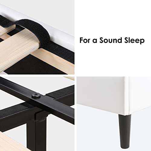TTVIEW Upholstered Queen Bed Frame with Button Tufted Headboard, Modern Faux Leather Platform Bed with Wooden Slat Support, No Box Spring Needed, Sturdy and Noise-Free, Easy Assembly, White