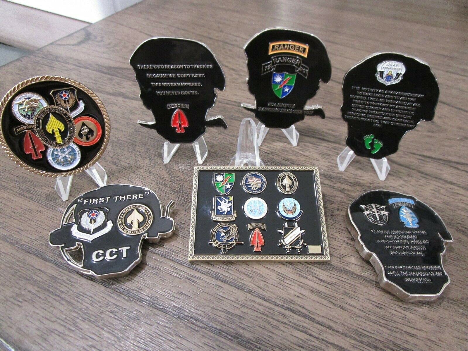 Set of 7 Special Forces Skull Challenge Coins JSOC US Special Operations Command US Army Ranger USAF Pararescue USAF Combat Control Green Berets & Army Delta Force