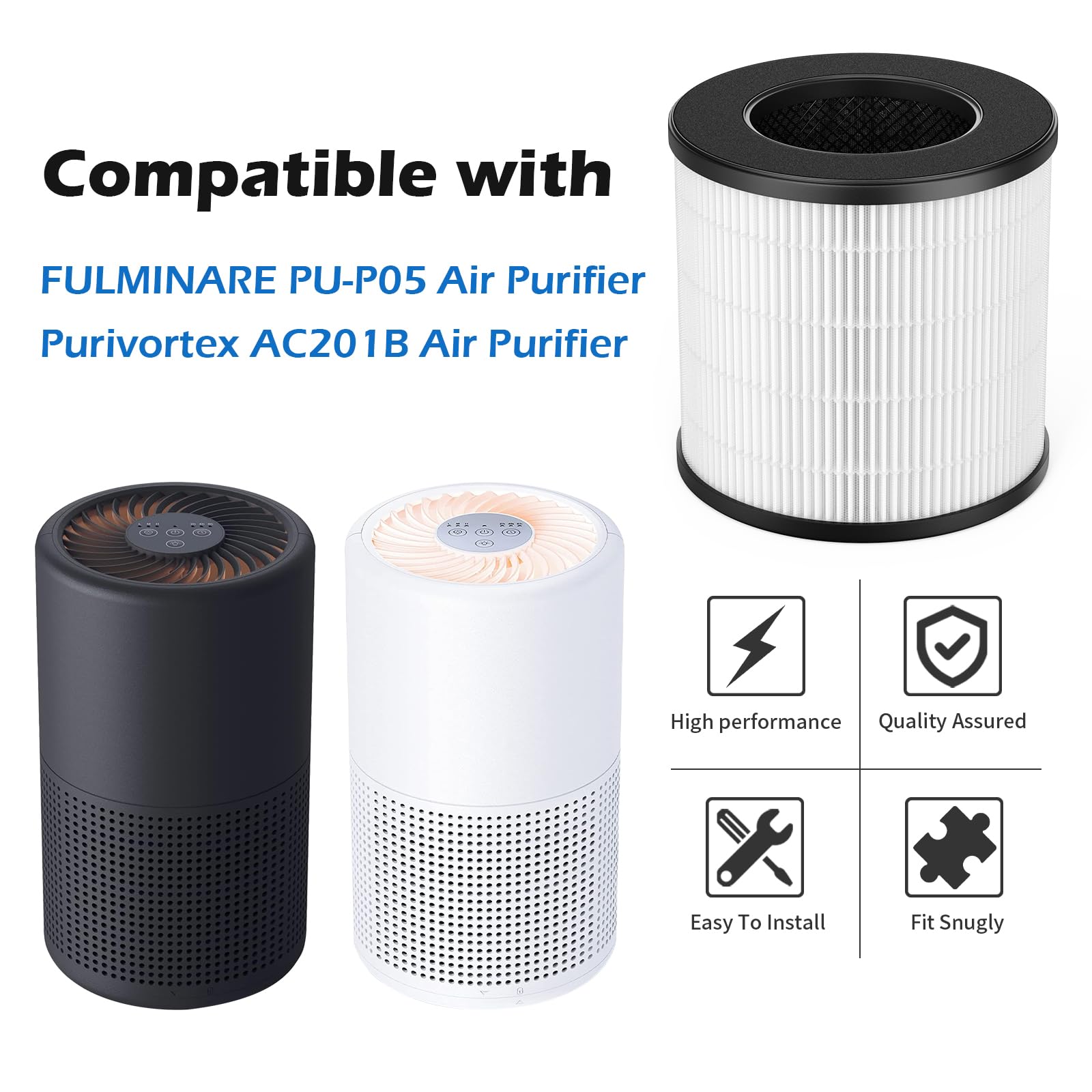SAKEGDY AC201B / PU-P05 Filter Replacement, Compatible with FULMINARE PU-P05 Air Clean Purifier and Purivortex AC201B Air Clean Purifier, 3-IN-1 H13 True HEPA Filter for Dust Smoke Pollen, 2 Pack.