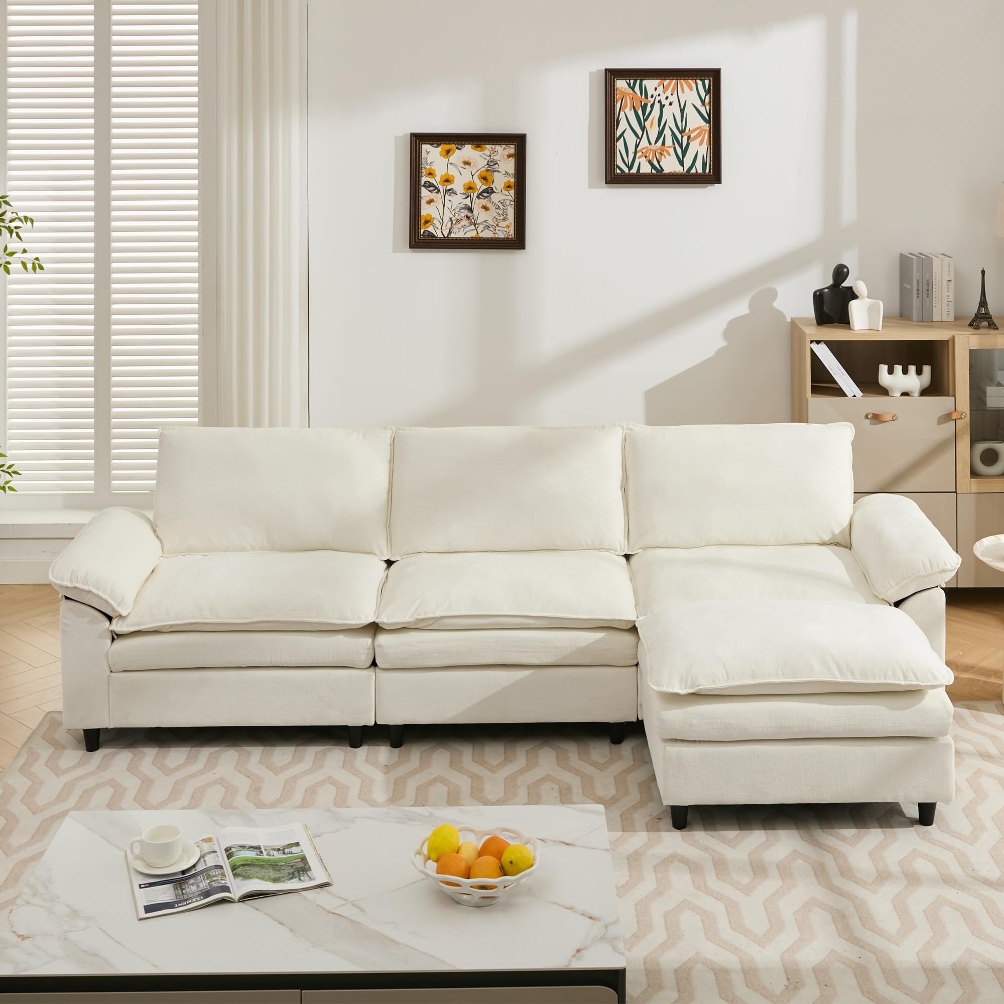 Vliekcy Modular Sectional Sofa, Modern 85 Inch Chenille Loveseat Couch, 2-Seater Comfy Cloud Couches with 2 Movable Ottoman for Living Room Office Apartment, Chenille, Beige