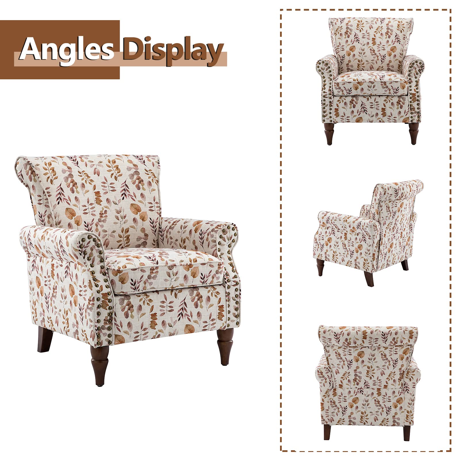 HULALA HOME Modern Wingback Accent Chair with Wood Legs & Removable Cushion, Comfy Upholstered Armchair with Nailhead Trim, Floral Pattern Single Sofa Chair for Living Room Bedroom, Yellow