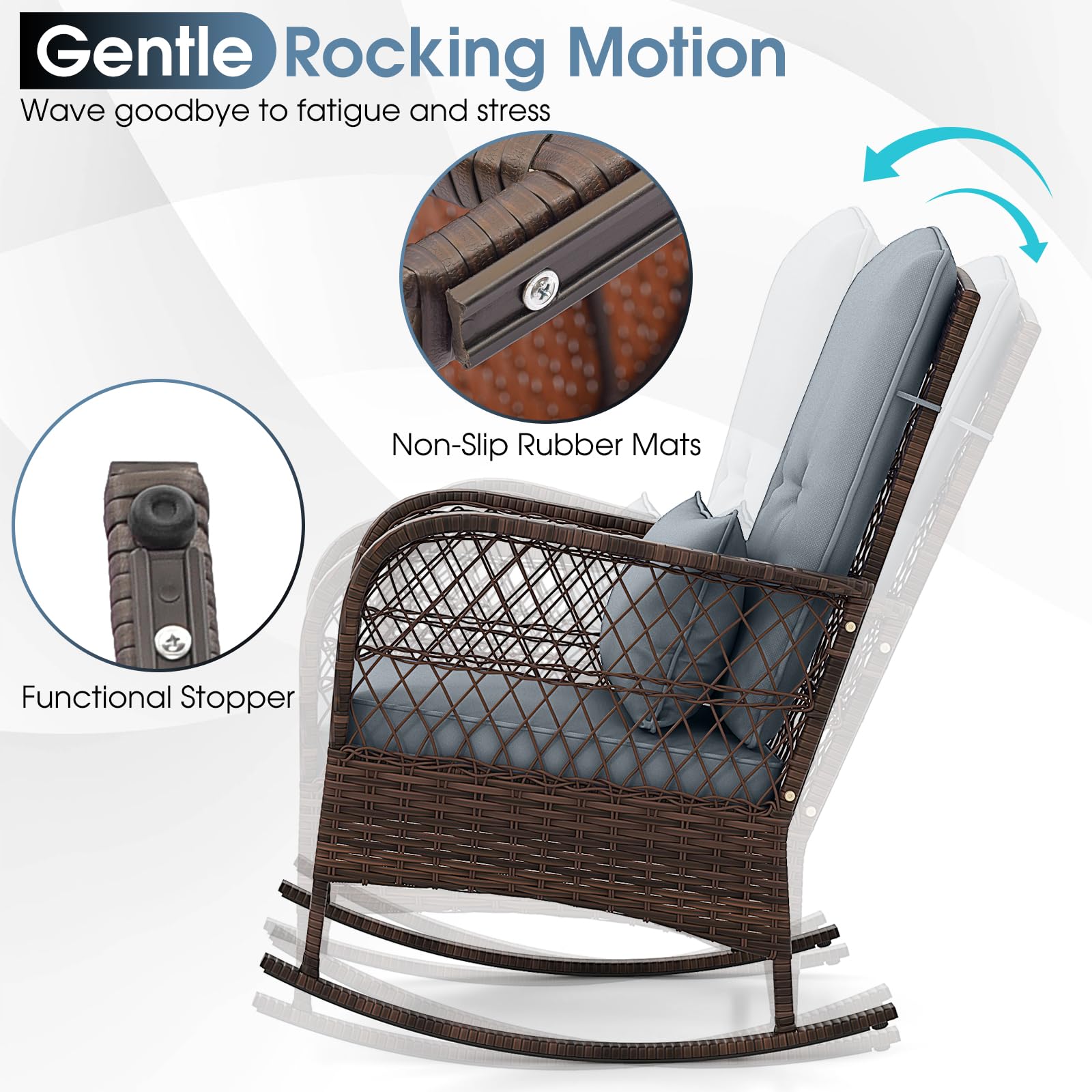 Tangkula 3 Piece Patio Rocker Set, Patiojoy Outdoor Wicker Rocking Chairs w/Double-Layer Coffee Table, Rattan Rocker Chair Set w/Seat Back Cushions & Pillows, for Porch, Backyard, Poolside (Grey)
