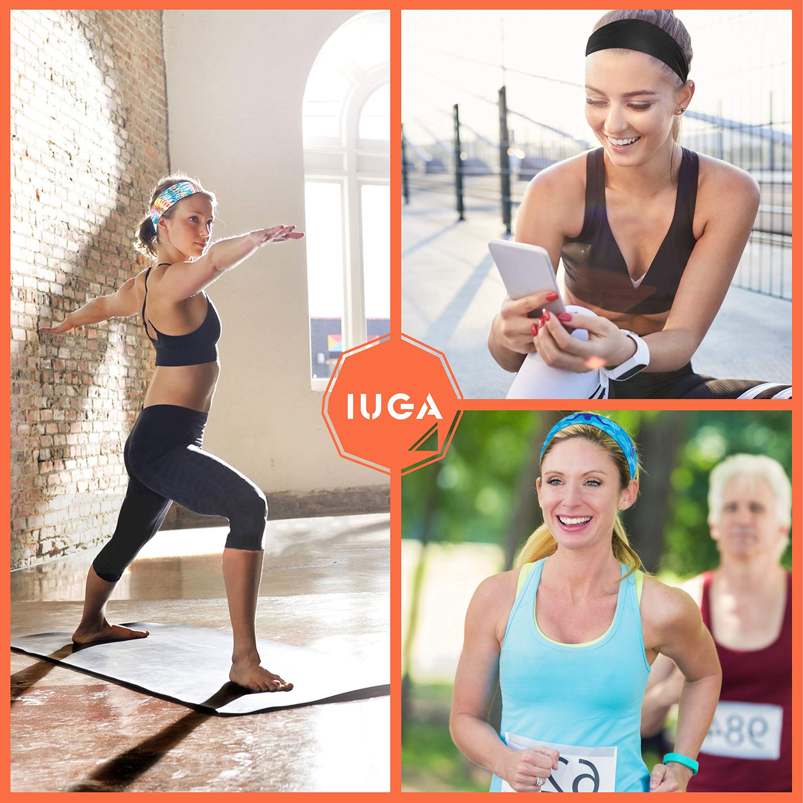 IUGA Headbands for Women, Non-Slip Workout Sweatbands for Running, Sports, Biking, Yoga Headbands for Women, Bike Helmet Friendly Hairbands,Ultra Stretch, 6 Pack