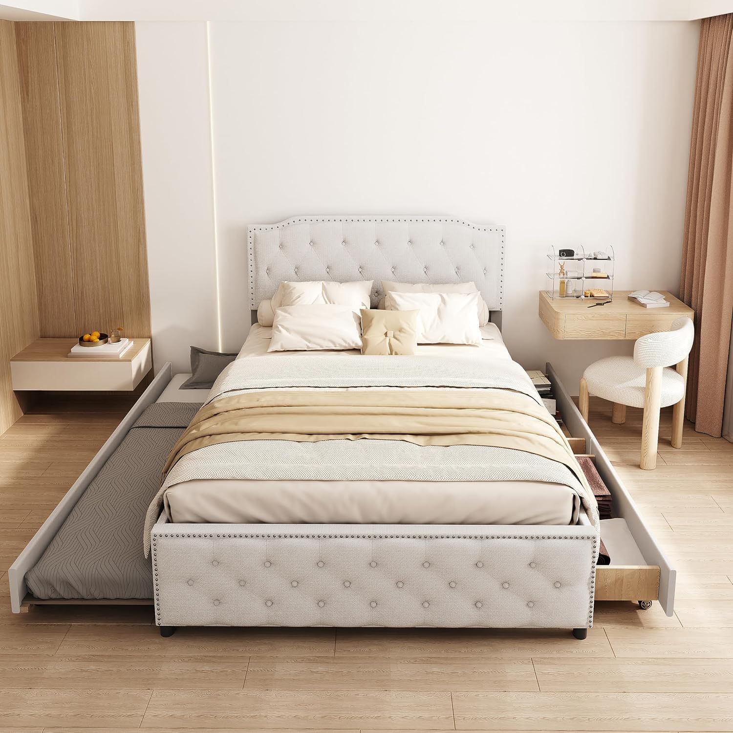 UOCFYK Upholstered Queen Size Platform Bed with Trundle & 2 Storage Drawers,Solid Wood Bedframe w/Headboard/Wood Slat Support, Easy to Assemble, No Box Spring Needed, Beige