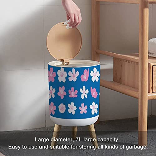 Trash Can with Lid Set of 21 Cherry Blossom Illustrations Press Cover Small Garbage Bin Round with Wooden Legs Waste Basket for Bathroom Kitchen Bedroom 7L/1.8 Gallon